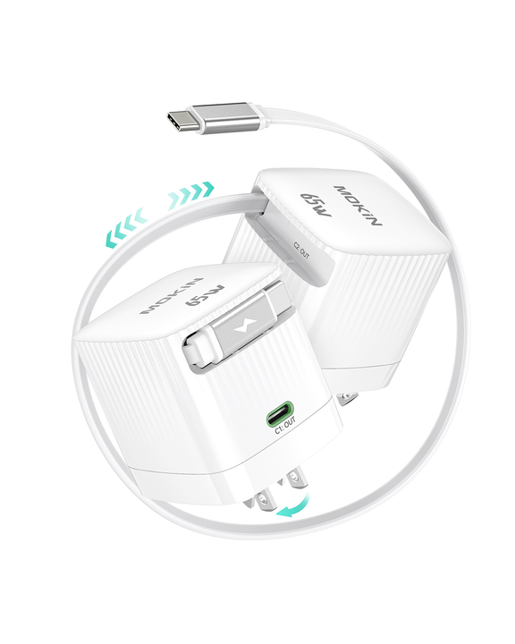 MOKiN Compact 65W Retractable Wall Charger with USB-C Cable