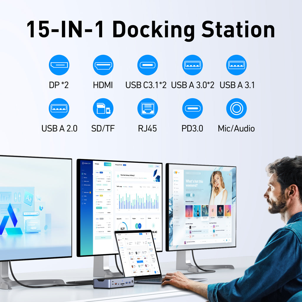 Mokin 15-in-1 8K Docking Station - 2 & 3 Monitor Hub Dock