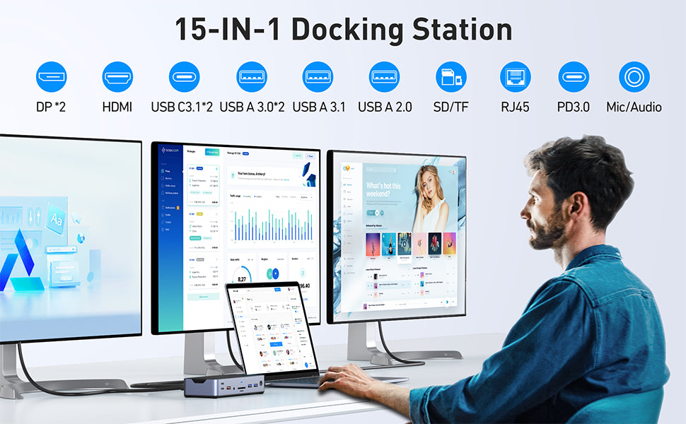 Mokin 15-in-1 8K Docking Station - 2 & 3 Monitor Hub Dock