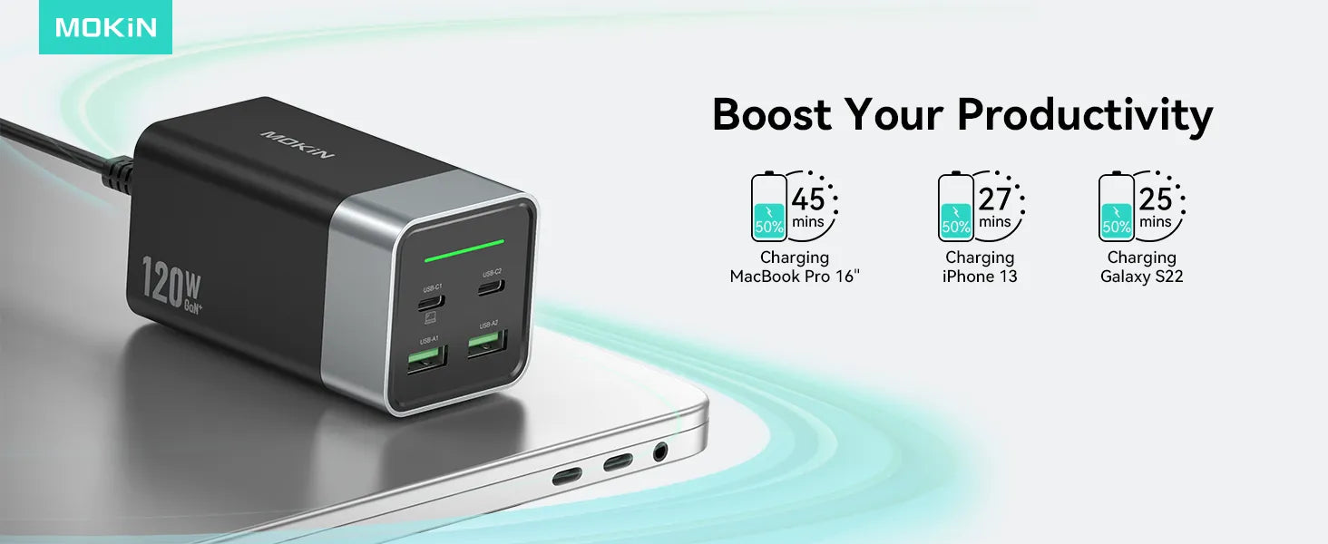 120W 4-Port Desktop USB C Charging Station - Mokin Charger